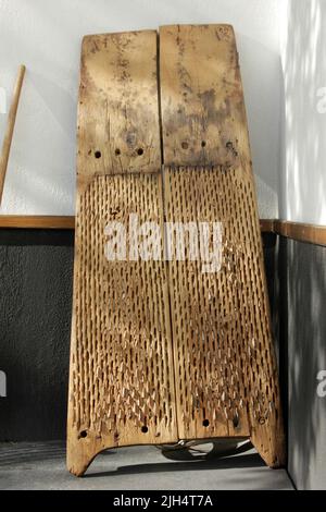 Threshing board of aged wood and stones texture Stock Photo - Alamy