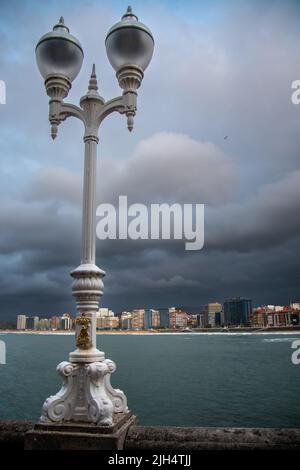 view of Playa de San Lorenzo of Gijon in Asturias, Spain on August 19 ...