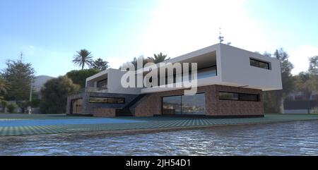 Modern high-tech house on the shores of Lake Michigan in the USA at ...