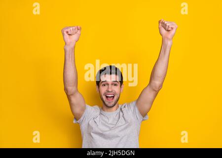 Photo of hooray young brunet guy show telephone yell wear spectacles ...