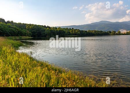 A gleaming wide clear lake reflects bright warm sunlight, against a ...