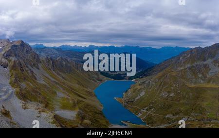 Aerial view of Lac de Cleuson with the dam wall in Val de Nendaz ...