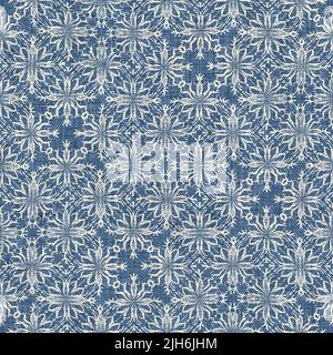 Farmhouse blue snow flake pattern background. Frosty batik french ...