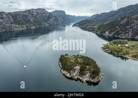 Aerial view of island in the Lysefjord, just north of the Lysefjod ...