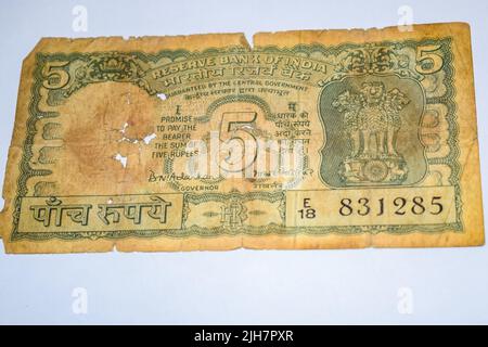 Old Five Rupee notes combined on the table, India money on the rotating ...