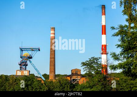 Distant view for the shaft tower of a closed black coal mine ...