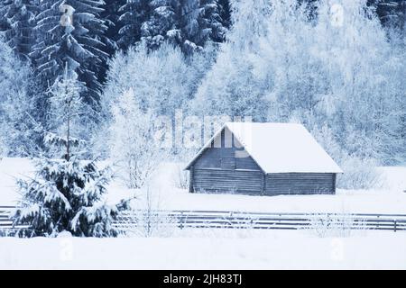Estonia, old wooden barn in winter Stock Photo - Alamy