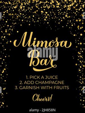 Mimosa Bar calligraphy hand lettering. Gold floral wreath frame. Bubbly ...
