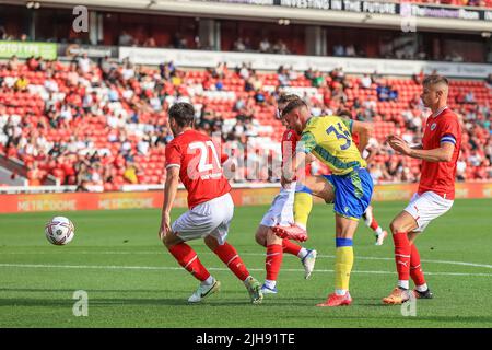 Dale Taylor of Nottingham Forest shoots on goal, saved by Brad Collins ...