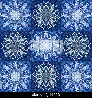 Indigo blue snow flake patchwork pattern background. Frosty painterly ...