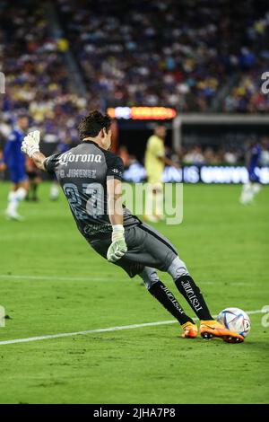 Club America goalkeeper Oscar Jimenez (27) lies on the pitch after ...