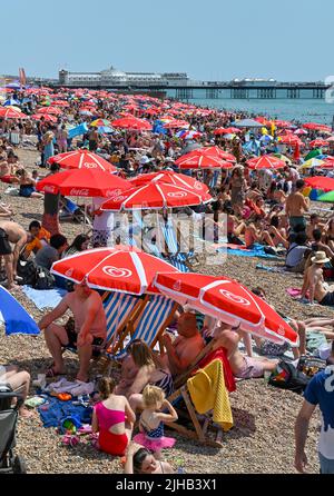 Brighton UK 17th July 2022 - Brighton beach is packed as thousands of ...