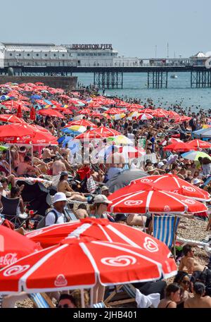 Brighton UK 17th July 2022 - Brighton beach is packed as thousands of ...