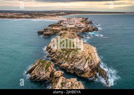 Aerial view of Baleal peninsula near Peniche town on the west coast of ...