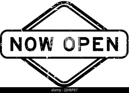 Grunge black now open word square rubber seal stamp on white background ...