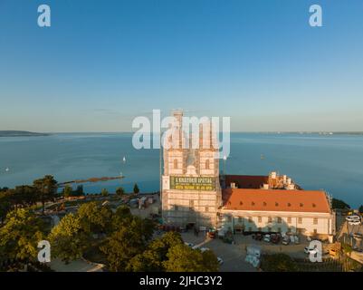 Aerial view of Tihany village overlooking Lake Balaton in Hungary ...