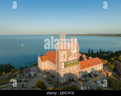 Aerial view of Tihany village overlooking Lake Balaton in Hungary ...