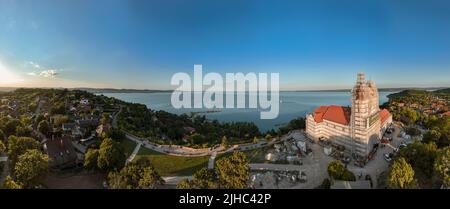 Aerial view of Tihany village overlooking Lake Balaton in Hungary ...