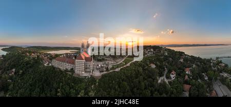 Aerial view of Tihany village overlooking Lake Balaton in Hungary ...