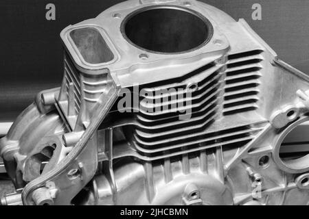 Open block of cylinder petrol engine. Close-up, industrial metalworking ...