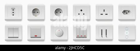 Wall socket and plug types. Electrical power point, white outlet and ...