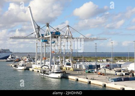 The Port of Miami with big containerships and cranes, in the back the ...
