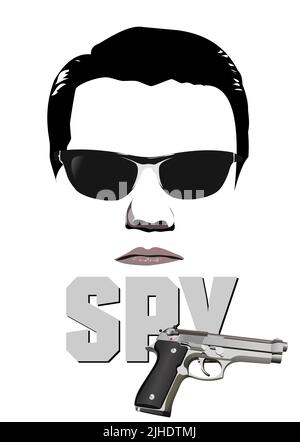 Man spy and handgun isolated on white background, 3d vector ...