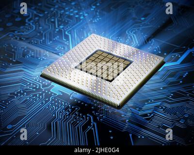 CPU with blue light on the mainboard. 3D illustration Stock Photo - Alamy