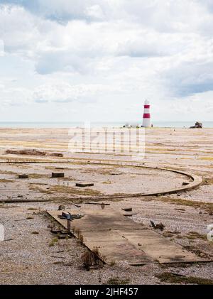 The iconic candy coloured Orford lighthouse on Orford Ness, Suffolk ...