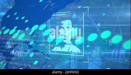 Image of data processing with people portraits on red and black ...