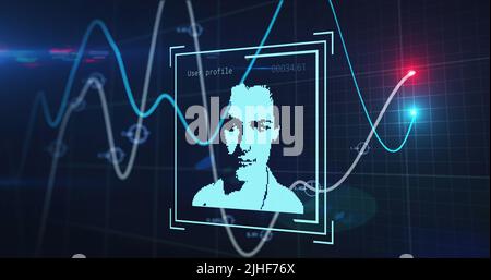 Image of data processing with people portraits on red and black ...