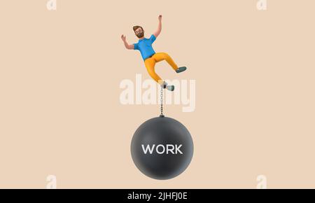 Business character chained to a large falling work ball. 3D Rendering ...
