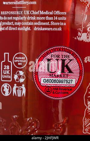 Liable to UK Excise Duty for the UK market label on back of bottle of ...