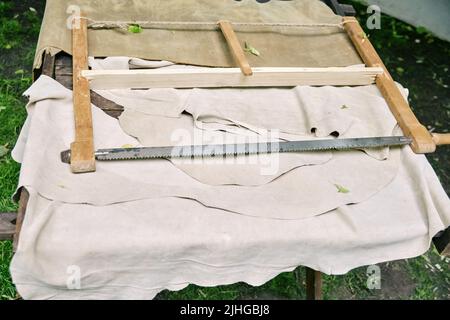 Making medieval shields made of wood and leather to protect soldiers in ...