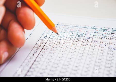 Modern astrologer's desktop. Hand with a pencil. Astrological charts ...
