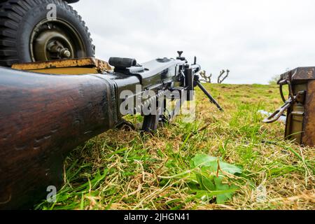 Low angle shooters view along a world war two German MG42 machine gun ...