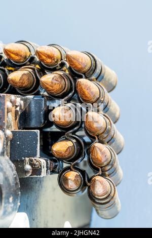 Cluster of 30 caliber ammunition, bullets, on top of double M1919 ...