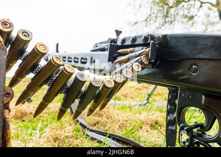 Low angle shooters view along a world war two German MG42 machine gun ...