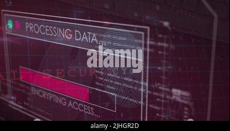 Image of data processing and security fingerprint over blue background ...