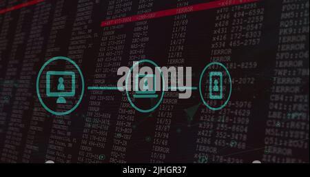 Image of falling icons over data processing on dark background Stock ...