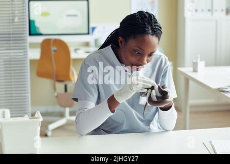 Portrait of young veterinarian examining snake at vet clinic, reptile ...