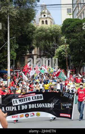Salvador, Bahia, Brazil - October 02, 2021: Protester carries a poster ...