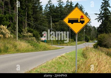 Fire truck sign, North Pender Island, British Columbia, Canada Stock ...