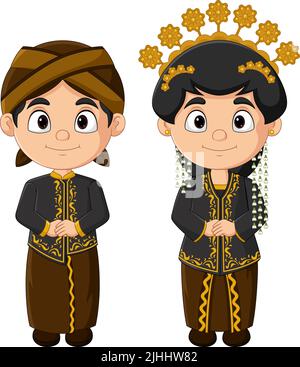 Cartoon Indonesian couple wearing Javanese traditional clothes Stock ...