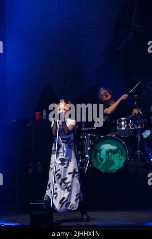 Shirley Manson, lead singer of alternative band Garbage, wearing a wrap ...