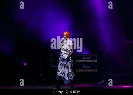 Shirley Manson, lead singer of alternative band Garbage, wearing a wrap ...