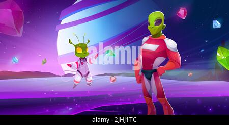 Alien characters in spacesuits on planet surface at night. Vector ...