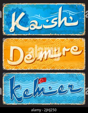 Kemer Turkish city travel sticker and plate, vector luggage tag. Turkey ...
