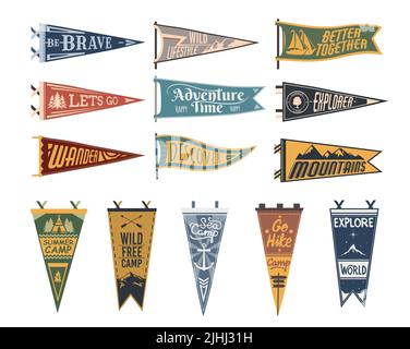 Camping pennant flags, camp pendants and outdoor sport club vector ...