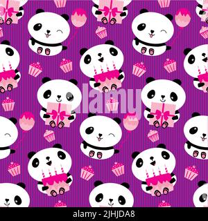 Kawaii panda birthday vector seamless pattern background. Cute backdrop ...